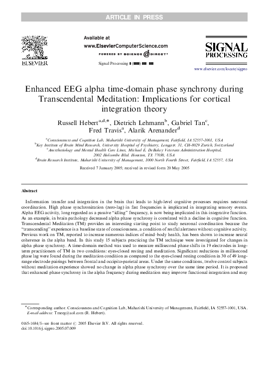 (PDF) Enhanced EEG alpha time-domain phase synchrony during Transcendental Meditation ...