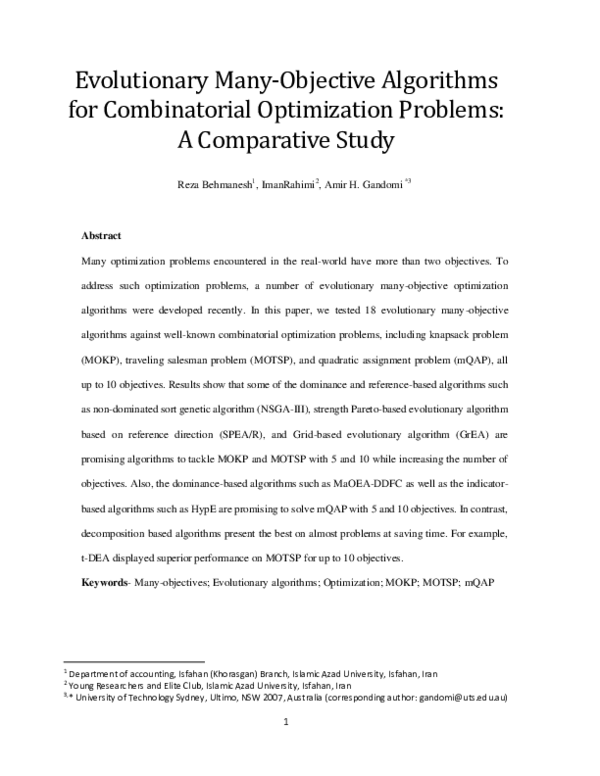 (PDF) Evolutionary Many-Objective Algorithms for Combinatorial Optimization Problems: A ...