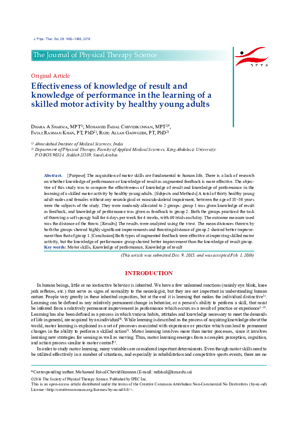 (PDF) Effectiveness of knowledge of result and knowledge of performance in the learning of a ...