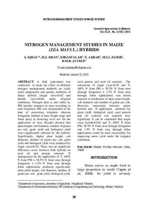 (PDF) Nitrogen Management Studies in Maize (Zea Mays L.) Hybrids