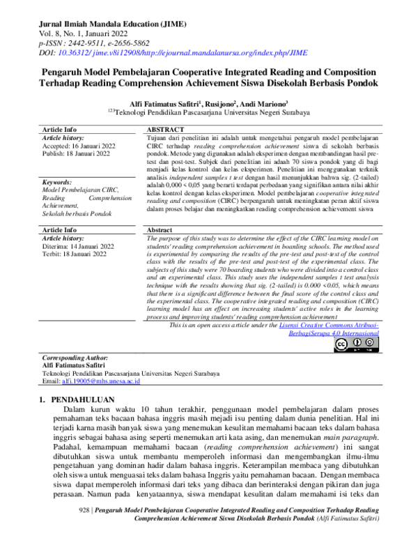 (PDF) Pengaruh Model Pembelajaran Cooperative Integrated Reading and Composition Terhadap ...