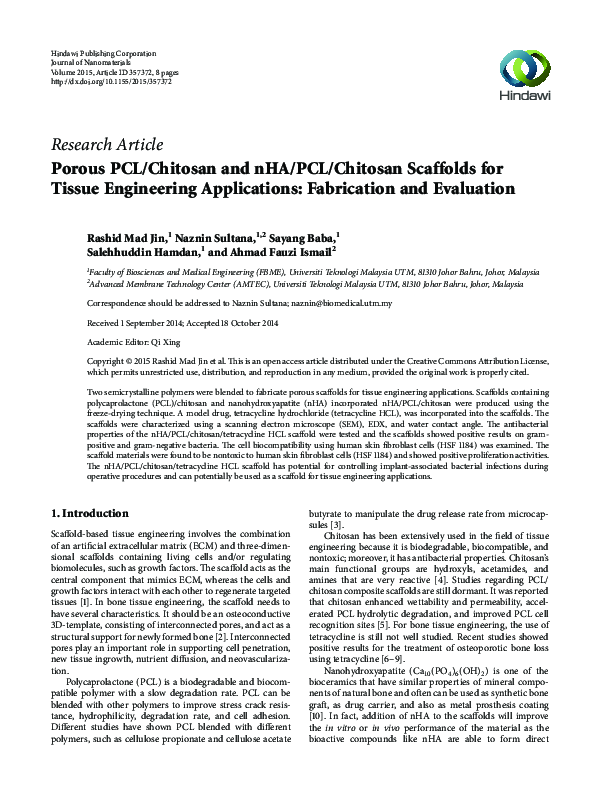 (PDF) Porous PCL/Chitosan and nHA/PCL/Chitosan Scaffolds for Tissue Engineering Applications ...