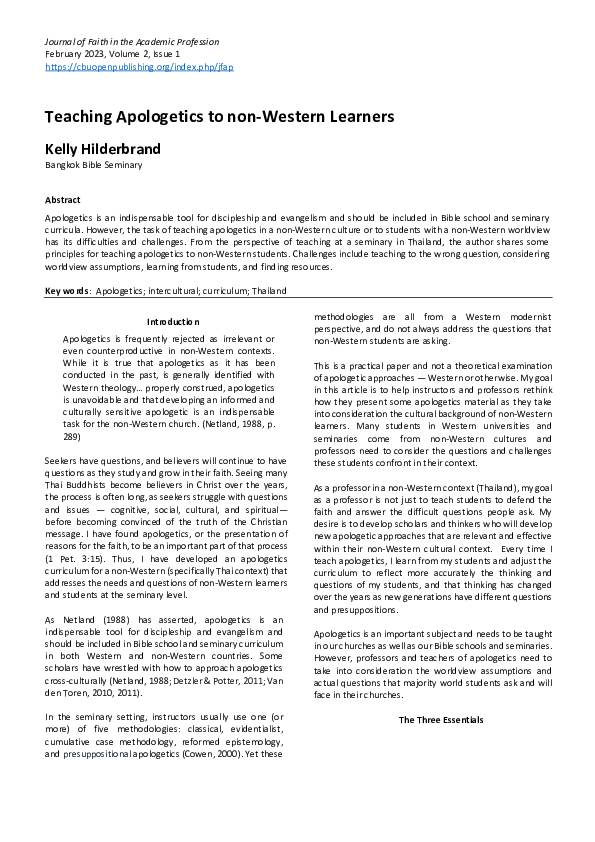 (PDF) Teaching Apologetics to non-Western Learners