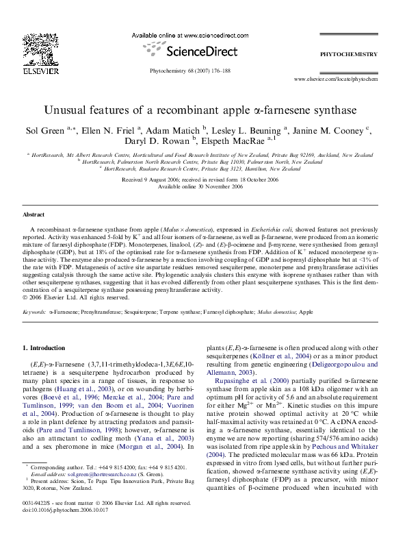 (PDF) Unusual features of a recombinant apple α-farnesene synthase