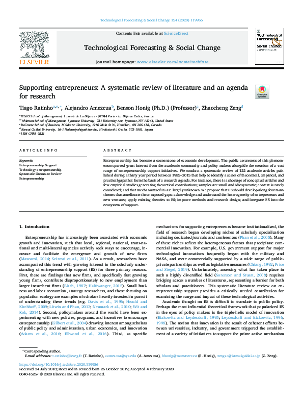 (PDF) Supporting entrepreneurs: A systematic review of literature and ...