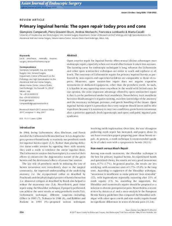 (PDF) Primary inguinal hernia: The open repair today pros and cons