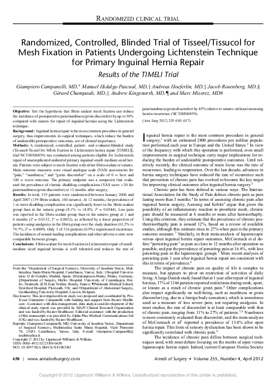 (PDF) Randomized, Controlled, Blinded Trial of Tisseel/Tissucol for Mesh Fixation in Patients ...