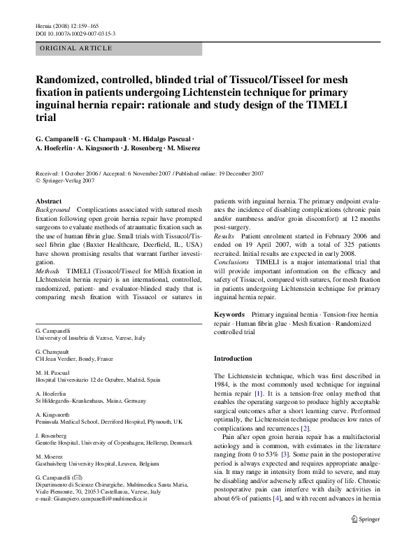 (PDF) Randomized, controlled, blinded trial of Tissucol/Tisseel for mesh fixation in patients ...
