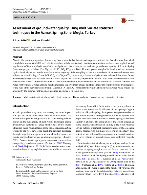 Pdf Assessment Of Groundwater Quality Using Multivariate Statistical Techniques In Hashtgerd
