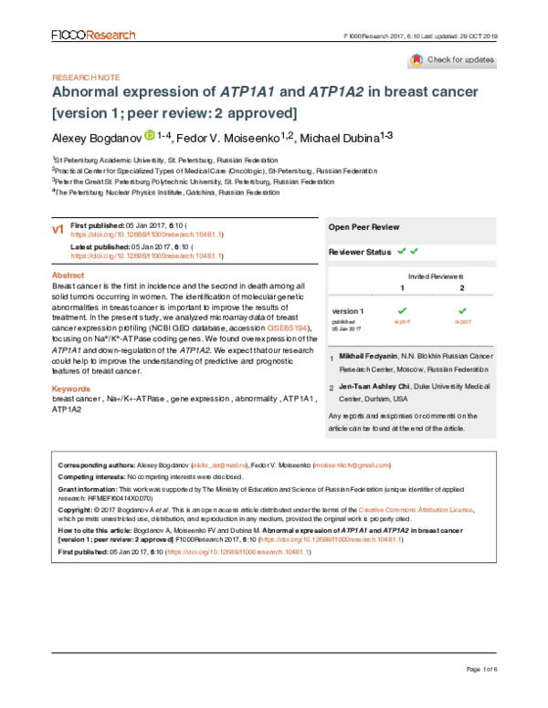 (PDF) Abnormal expression of ATP1A1 and ATP1A2 in breast cancer