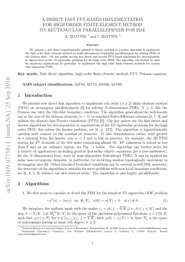 Pdf A Direct Fast Fft Based Implementation For High Order Finite Element Method On Rectangular