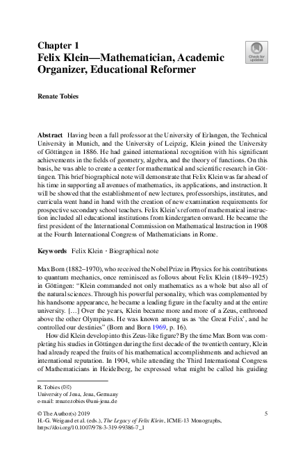 (PDF) Felix Klein—Mathematician, Academic Organizer, Educational Reformer