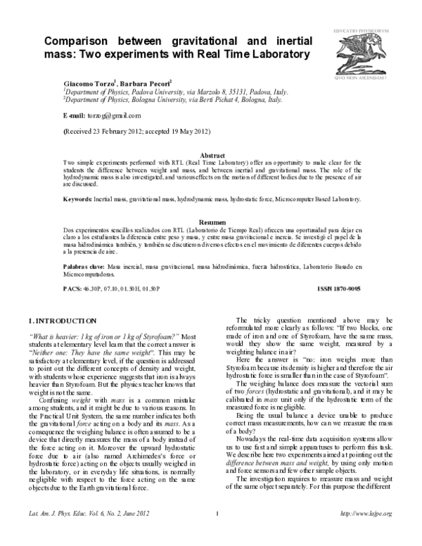(PDF) Comparison between gravitational and inertial mass: Two ...