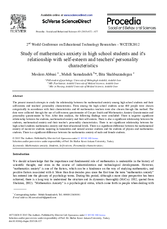 (PDF) Study of Mathematics Anxiety in High School Students and it's Relationship with Self ...