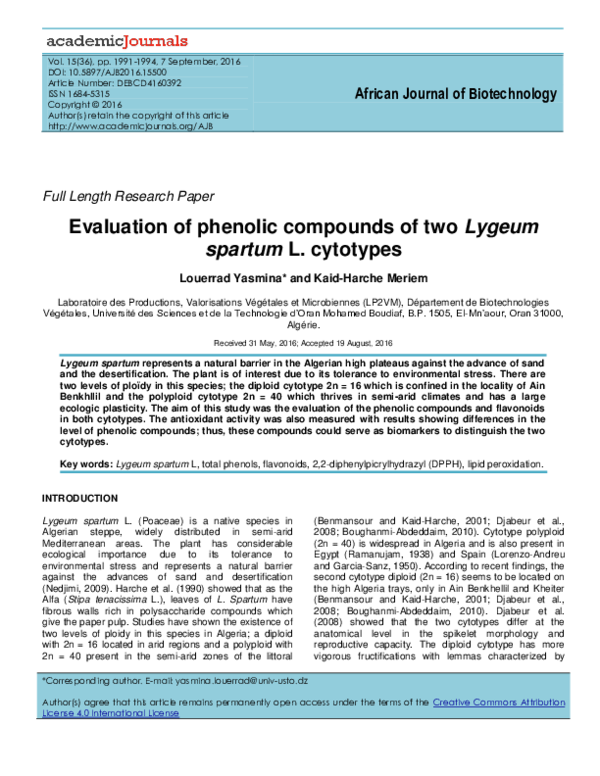 (PDF) Evaluation of phenolic compounds of two Lygeum spartum L. cytotypes