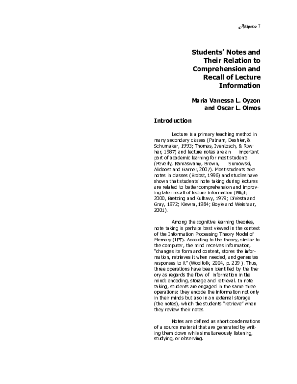 (PDF) Students' Notes and Their Relation to Comprehension and Recall of ...
