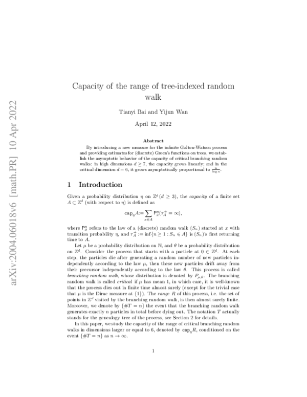 (PDF) Capacity of the range of tree-indexed random walk