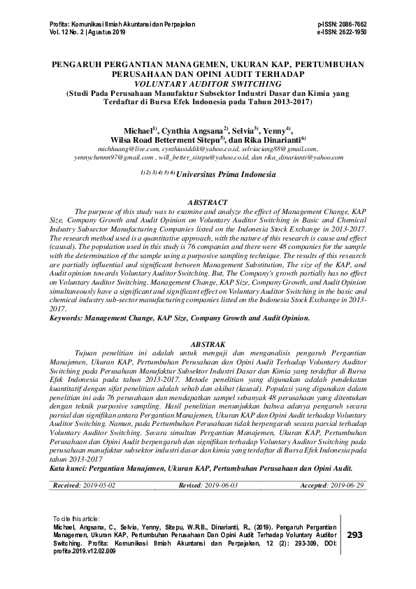 (PDF) Pengaruh Pergantian Managemen, Ukuran Kap, Pertumbuhan Perusahaan Dan Opini Audit Terhadap ...