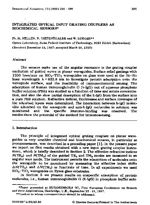 (PDF) Integrated optical input grating couplers as biochemical sensors