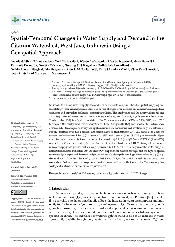 (PDF) Spatial-Temporal Changes in Water Supply and Demand in the Citarum Watershed, West Java ...