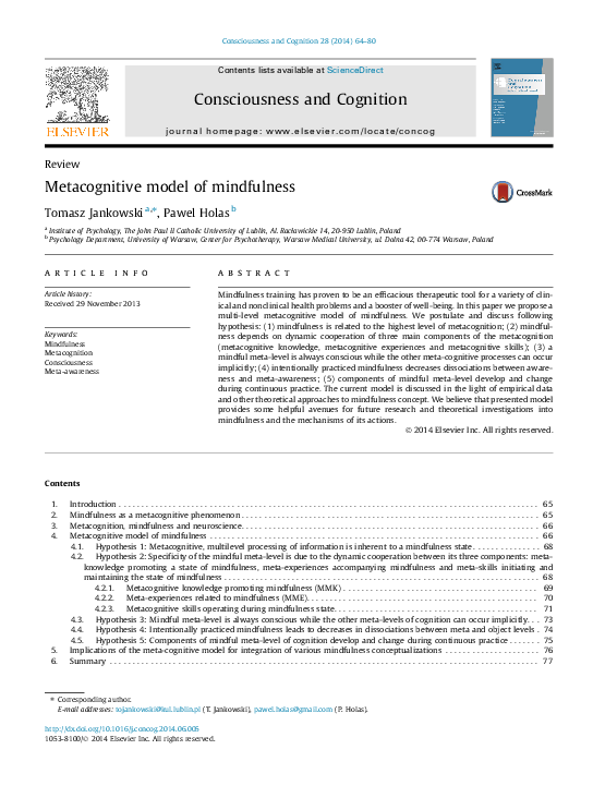 Pdf Metacognitive Model Of Mindfulness Pawel Holas