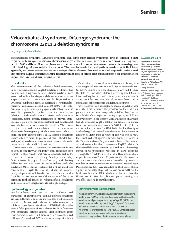 (PDF) Velocardiofacial syndrome, DiGeorge syndrome: the chromosome 22q11.2 deletion syndromes