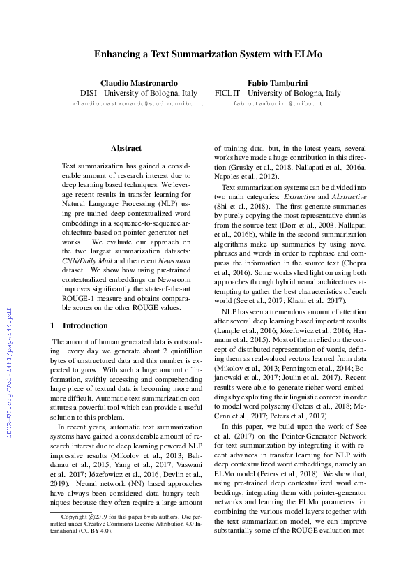 (PDF) Enhancing a Text Summarization System with ELMo
