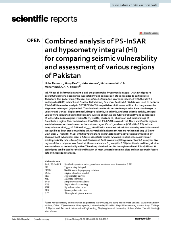 (PDF) Combined analysis of PS-InSAR and hypsometry integral (HI) for comparing seismic ...