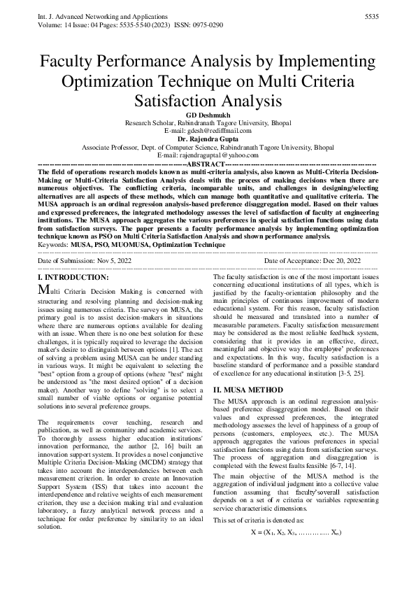 Pdf Faculty Performance Analysis By Implementing Optimization Technique On Multi Criteria