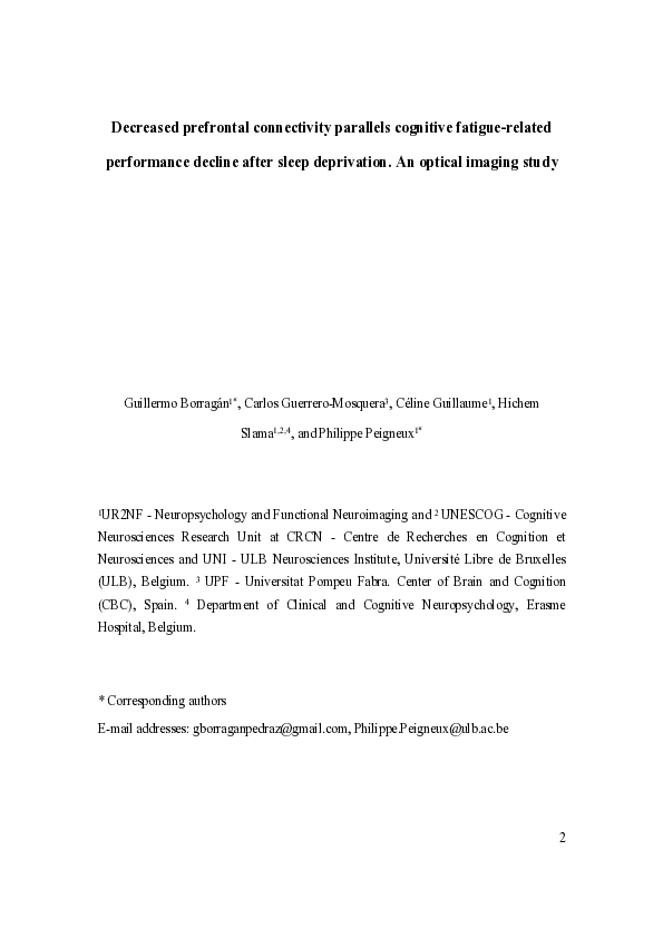 (PDF) Decreased prefrontal connectivity parallels cognitive fatigue ...
