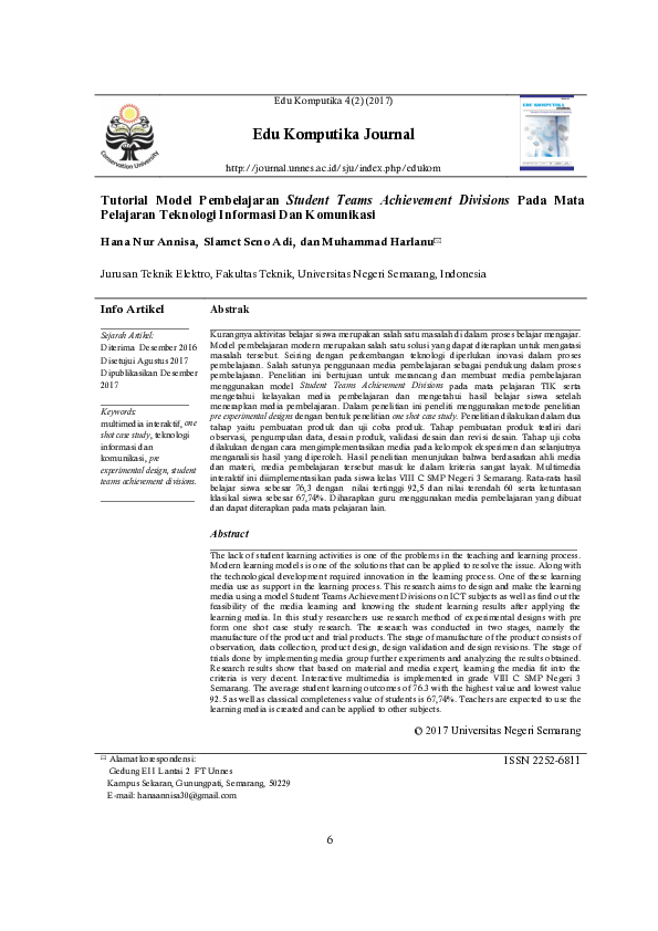 (PDF) Edu Komputika Journal Tutorial Model Pembelajaran Student Teams Achievement Divisions Pada ...