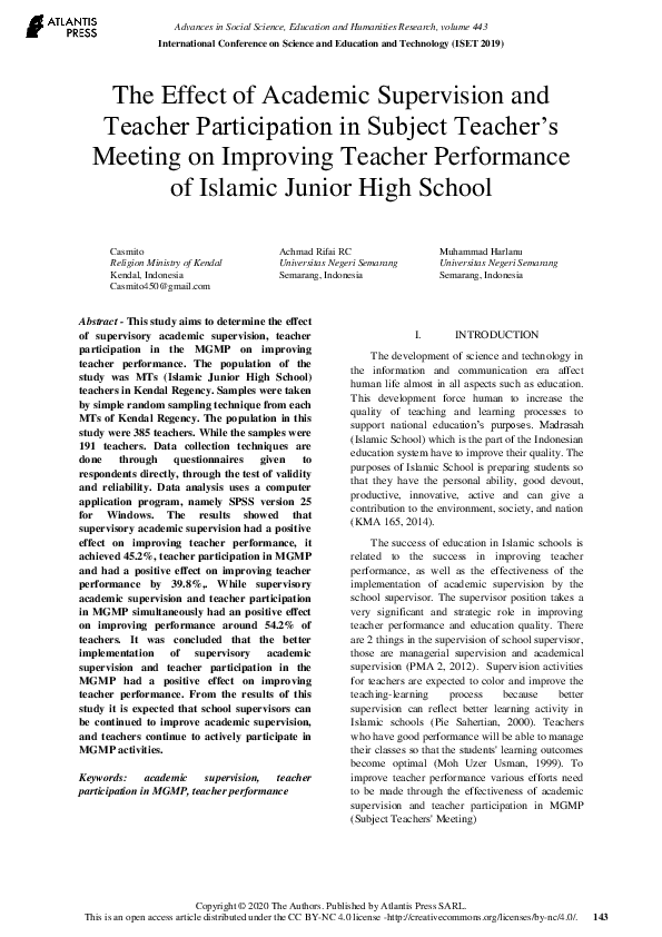 (PDF) The Effect of Academic Supervision and Teacher Participation in Subject Teacher’s Meeting ...