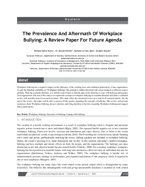 (PDF) The Prevalence And Aftermath Of Workplace Bullying: A Review ...