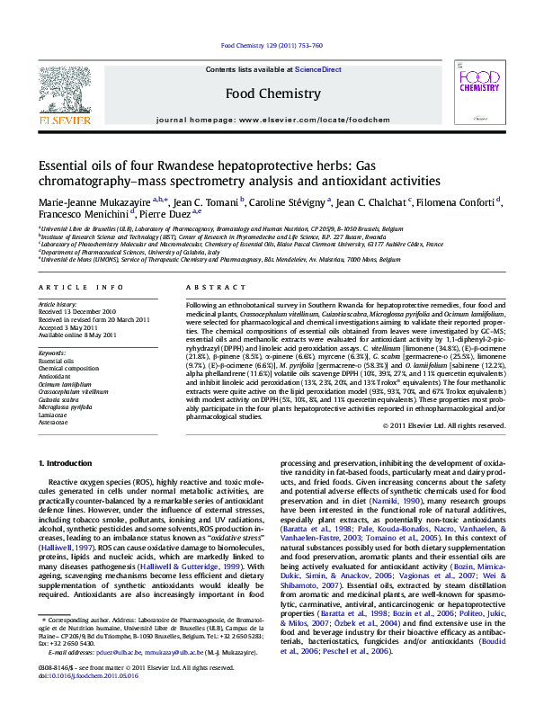 (PDF) Essential oils of four Rwandese hepatoprotective herbs: Gas chromatography–mass ...
