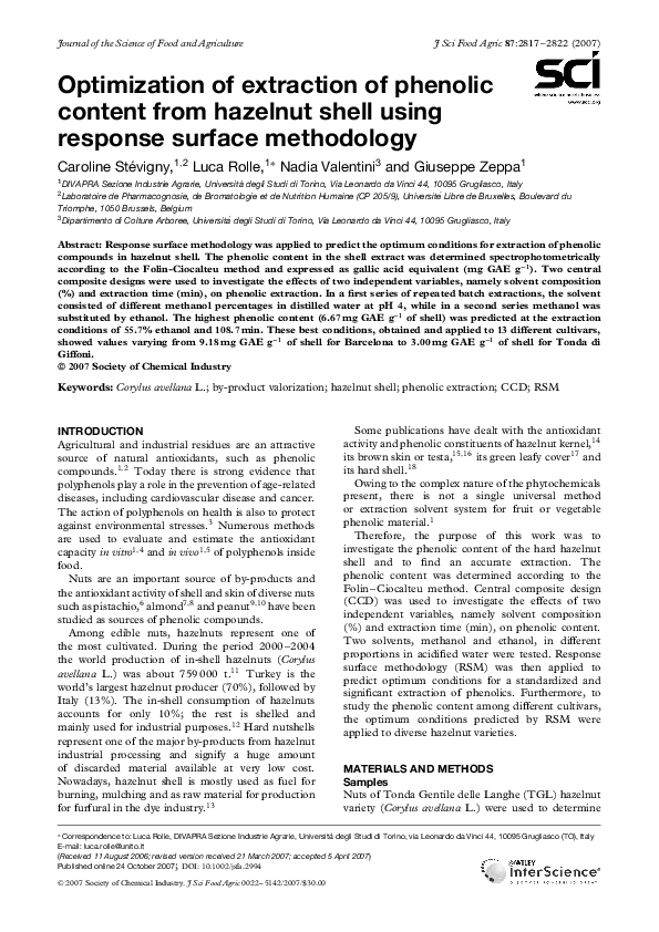 (PDF) Optimization of extraction of phenolic content from hazelnut shell using response surface ...