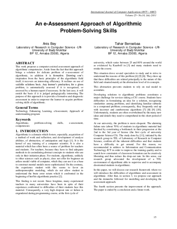 Pdf An Eassessment Approach Of Algorithmic Problemsolving Skills