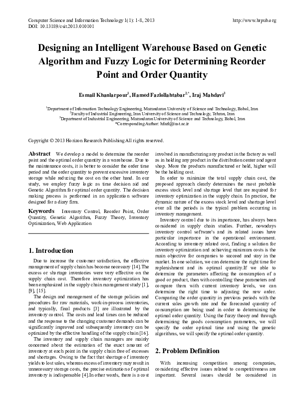 (PDF) Designing an Intelligent Warehouse Based on Genetic Algorithm and Fuzzy Logic for ...