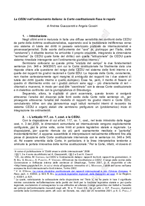 (PDF) La CEDU nell'ordinamento italiano: la Corte costituzionale fissa ...