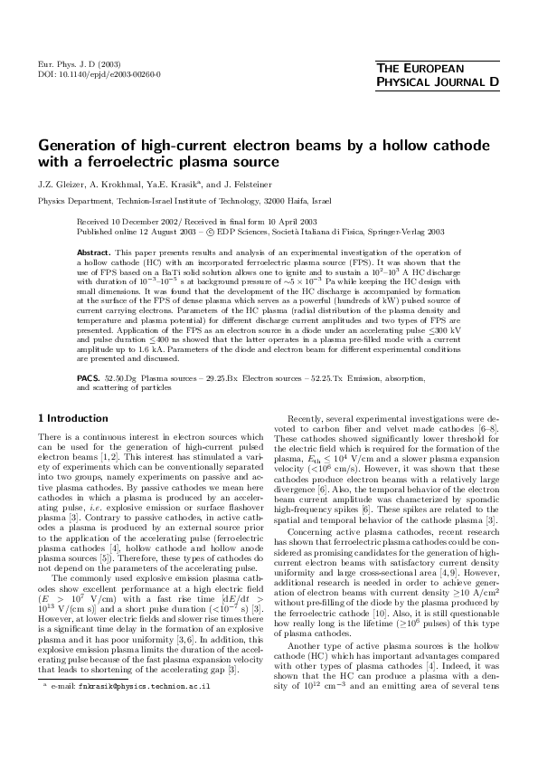 (PDF) Generation of high-current electron beams by a hollow cathode with a ferroelectric plasma ...