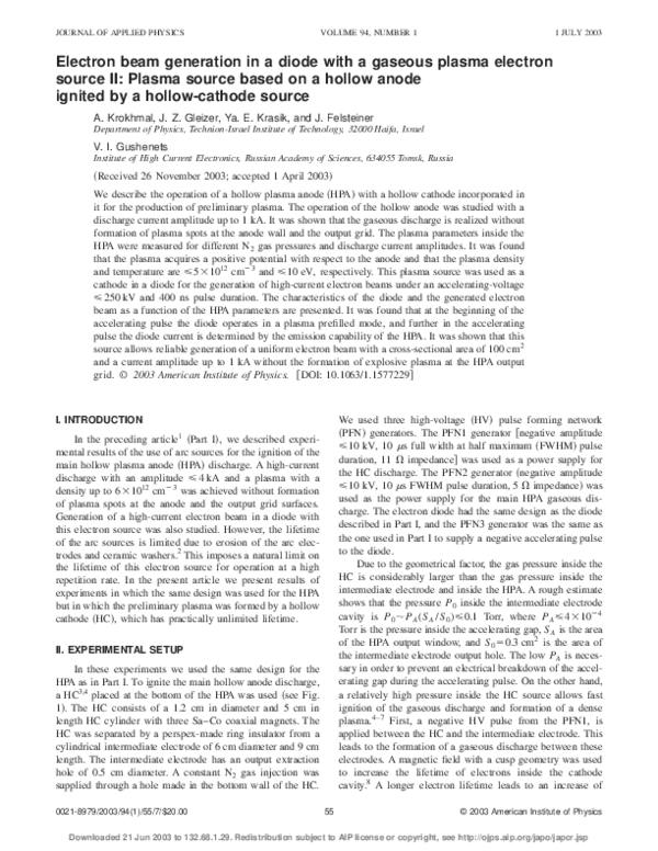 (PDF) Electron beam generation in a diode with a gaseous plasma electron source I: Plasma source ...