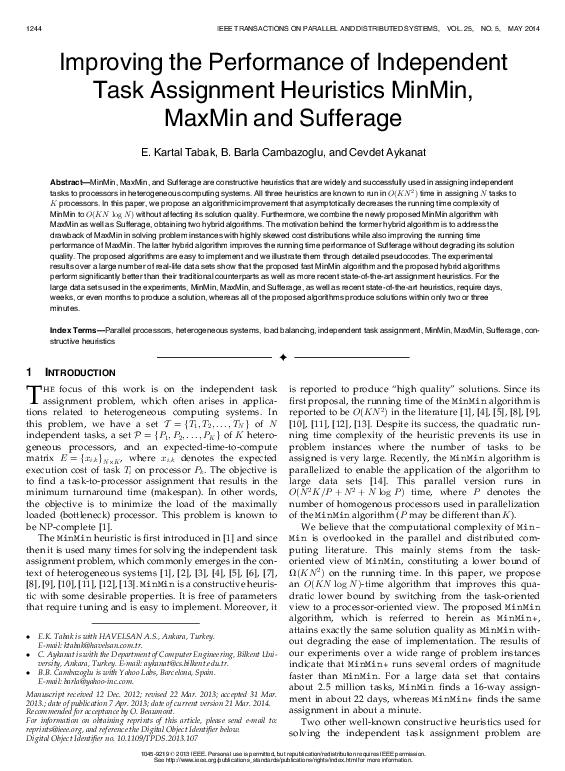 (PDF) Improving the Performance of IndependentTask Assignment Heuristics MinMin,MaxMin and Sufferage