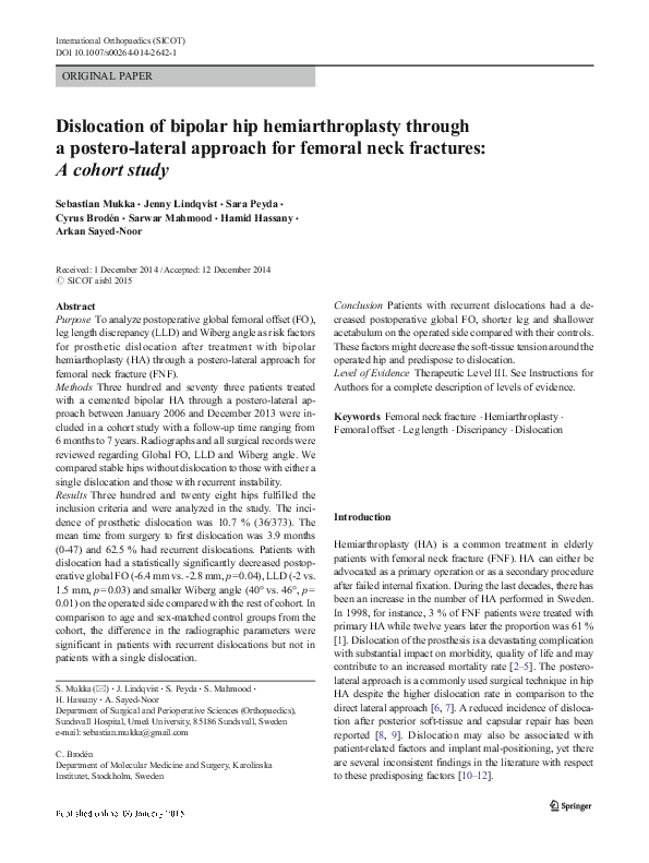 (PDF) Dislocation of bipolar hip hemiarthroplasty through a postero ...