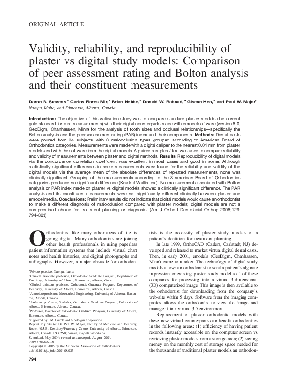 (PDF) Validity, reliability, and reproducibility of plaster vs digital study models: Comparison ...
