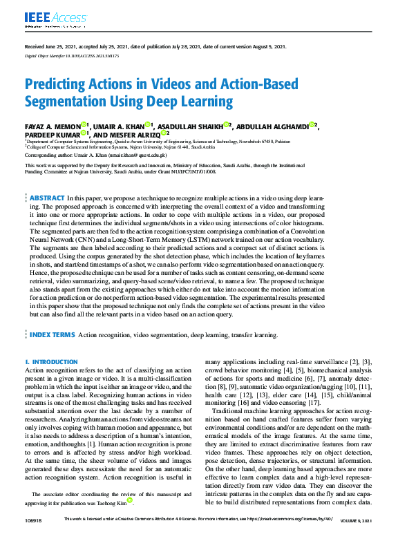 (PDF) Predicting Actions in Videos and Action-Based Segmentation Using Deep Learning | Umair ...