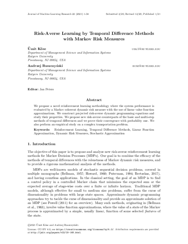 (PDF) Risk-Averse Learning by Temporal Difference Methods with Markov Risk Measures