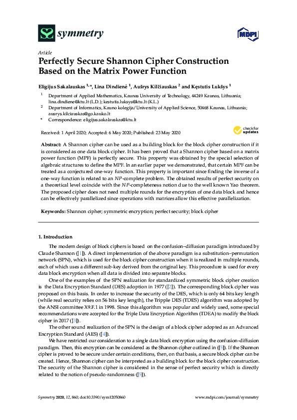 Pdf Perfectly Secure Shannon Cipher Construction Based On The Matrix Power Function Lina 