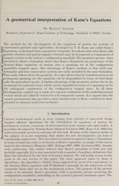 (PDF) A geometrical interpretation of Kane’s Equations