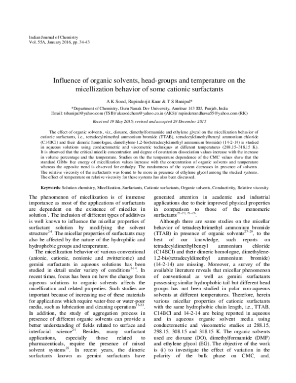(PDF) Influence of organic solvents and temperature on the micellization of conventional and ...