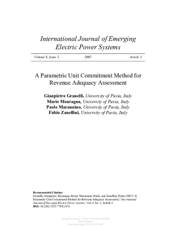 (PDF) A Parametric Unit Commitment Method for Revenue Adequacy Assessment