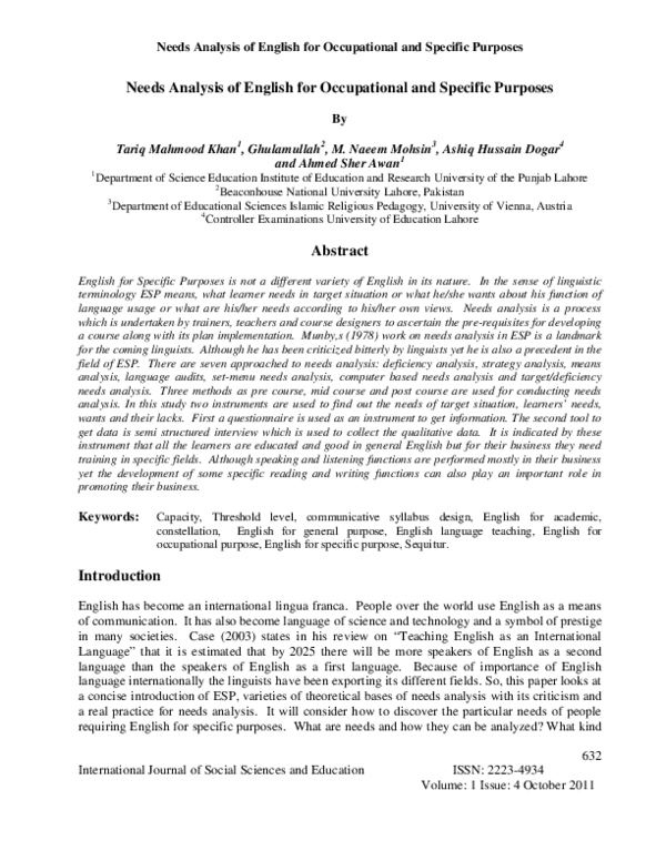 (PDF) Needs Analysis of English for Occupational and Specific Purposes
